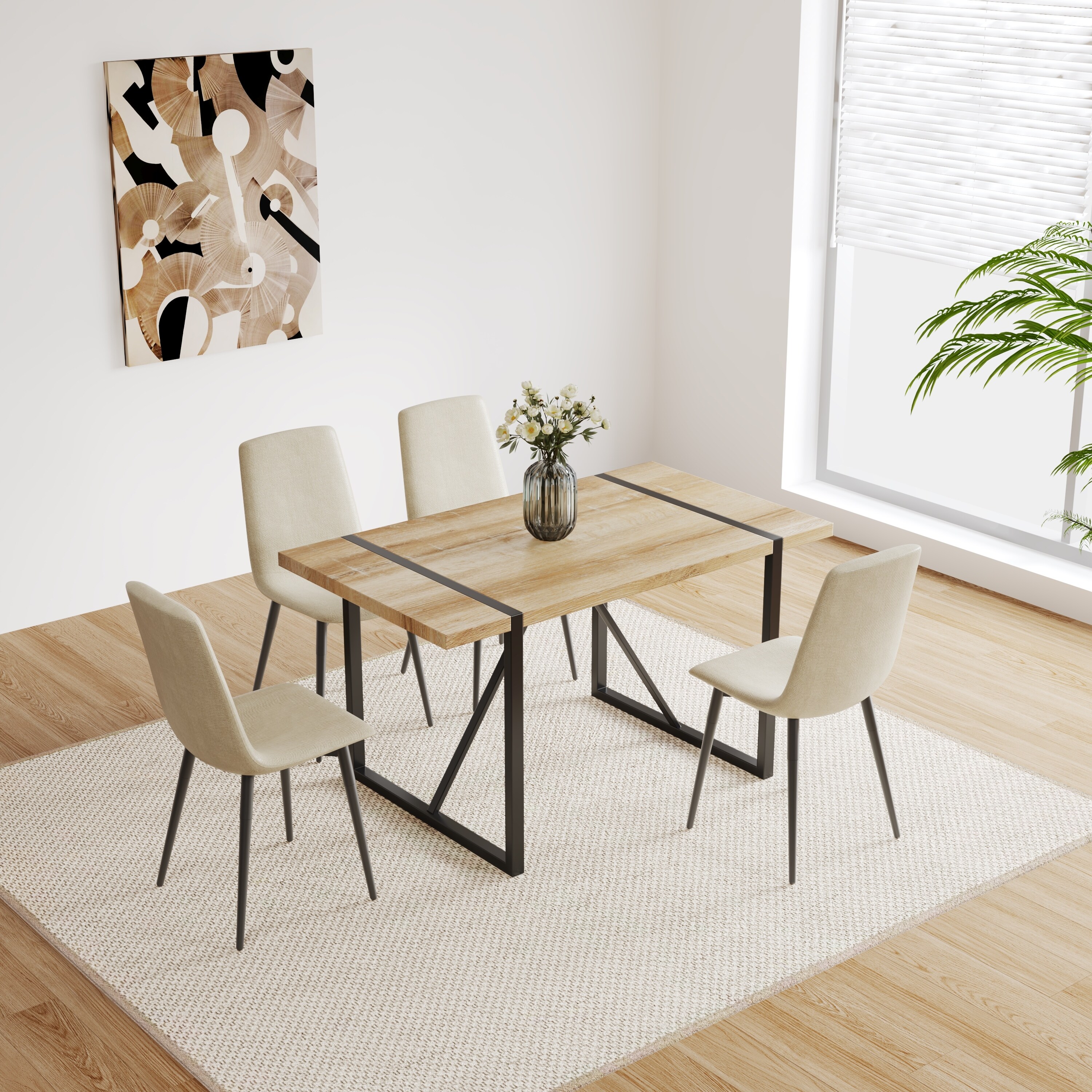 MDF Wood Colour Dining Table Set of 4 and Dining Chairs Wooden Table Set Metal Base Legs Dining Room Table Linen Chairs Cream